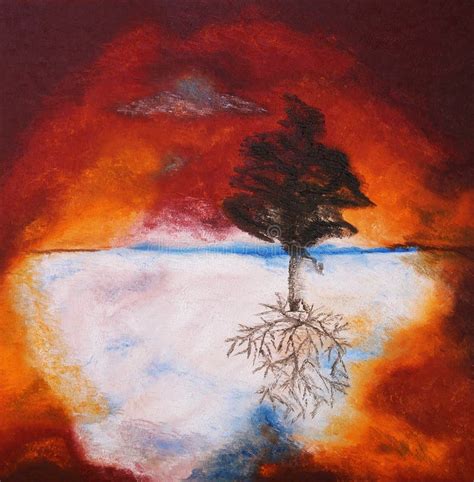 Oil Painting Of Tree Against Sunset Sky Stock Illustration Illustration Of Brown Roots