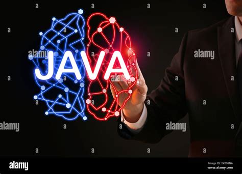Businessman With Digital Projection Of Human Brains And Word Java On Black Background Stock