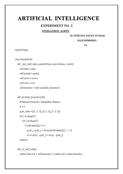 ai exp 2 artificial intelligence experiment no 2 intelligent agent