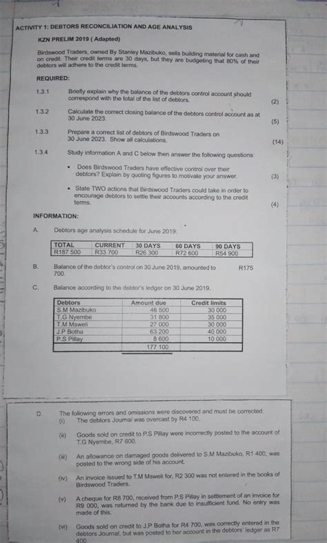 Activity 1 Debtors Reconciliation And Age Analysis Birdswood Traders O