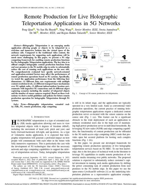 Remote Production For Live Holographic Teleportation Applications In 5g