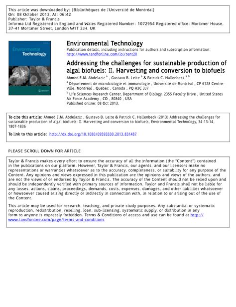PDF Addressing The Challenges For Sustainable Production Of Algal Biofuels II Harvesting And