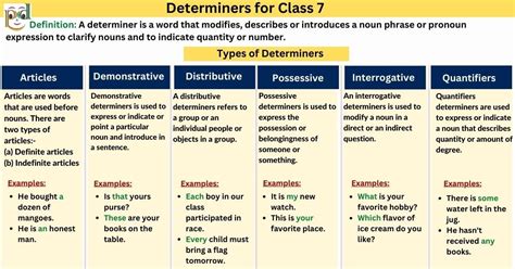 Determiners For Class 7 Types Examples Worksheet And Pdf