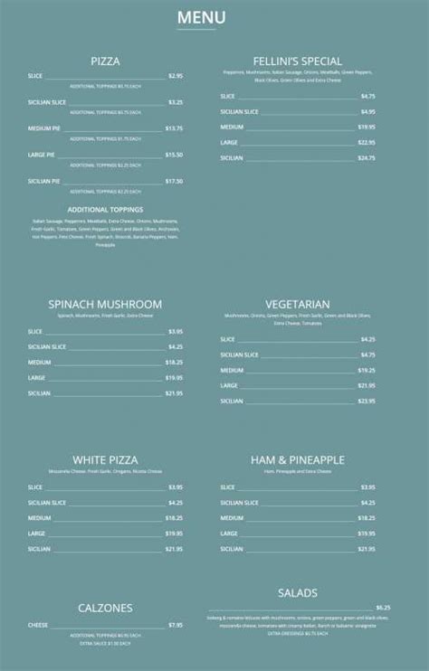 Fellinis Pizza Menu In Atlanta Georgia Usa