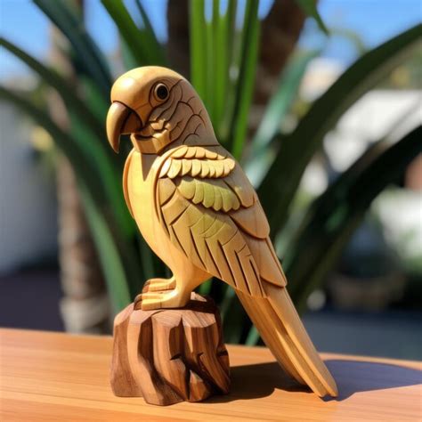 Handmade Wooden Parrot Figurine On Base Vray Tracing Style Premium Ai Generated Image