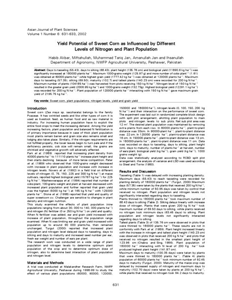 Pdf Yield Potential Of Sweet Corn As Influenced By Different Levels Of Nitrogen And Plant