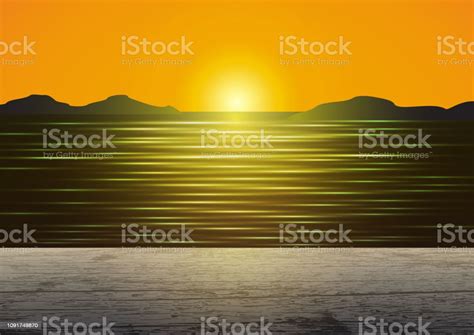 바다 수평선 배경 벡터 일러스트 레이 션 위에 황금빛 일출에 빈티지 나무 바닥 0명에 대한 스톡 벡터 아트 및 기타 이미지 0명 경관 관광 Istock
