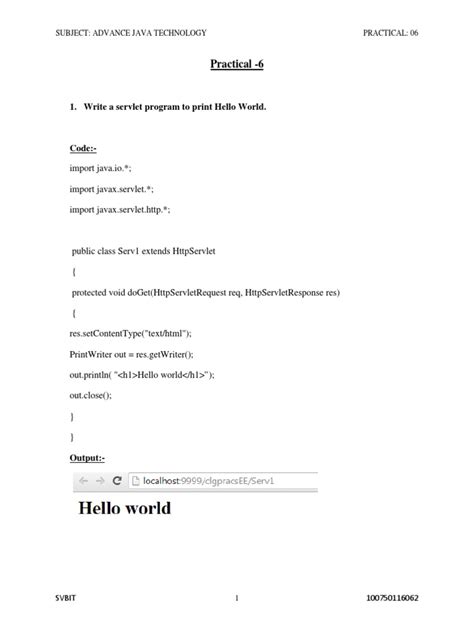 Practical 6 1 Write A Servlet Program To Print Hello World Pdf Java Servlet Java