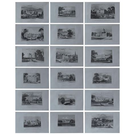 Set Of 18 Antique Prints Of English Country Houses And Gardens Circa