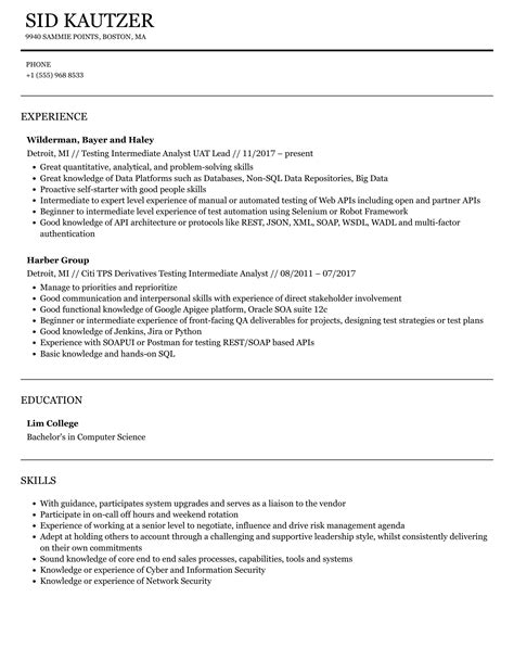 Testing Intermediate Analyst Resume Samples Velvet Jobs