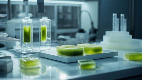 Bio Packaging Materials Made From Algae Displayed On A Bright White Table With Lab Equipment