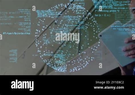 Man Holding Tablet With Code And Digital Sphere Animation Over Him