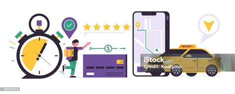 택시 주문 서비스 모바일 앱 개념 디스플레이에 도시지도에 택시를 주문 전화 도시 택시 서비스 노란색 자동차 은행 카드 지불 스톱워치 플랫 벡터 일러스트레이션 Brand