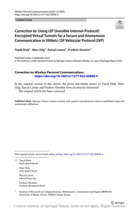 Correction To Using I2p Invisible Internet Protocol Encrypted Virtual Tunnels For A Secure