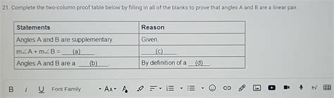 21 Complete The Two Column Proof Table Below By Filling In All Of The