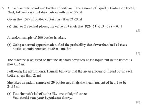 A Level Edexcel Maths Statistics Hypothesis Testing Normal Distribution A Machine Puts Liquid