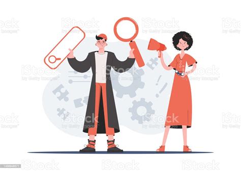 한 남자와 한 여자가 웹 검색 상자를 손에 들고 완전히 성장하고 있습니다 인적 자원 프리젠 테이션 사이트를위한 요소 개념에 대한