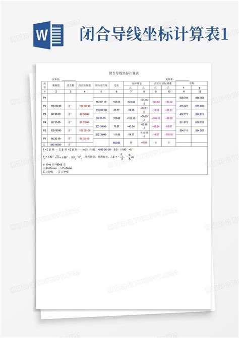 闭合导线坐标计算表1word模板下载 编号qnzypbgo 熊猫办公