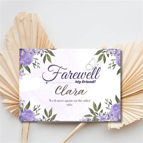 Purple Floral Farewell Card Memorial Keepsake Printable For