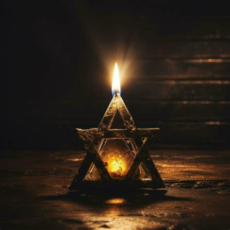 Golden Star Of David On A Black Background A Candle Is Burning Below