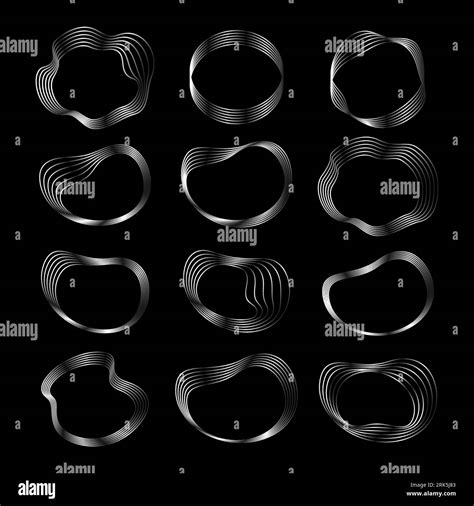 Set Of Oval Wavy Silver Frames On A Black Background Art Deco Silver