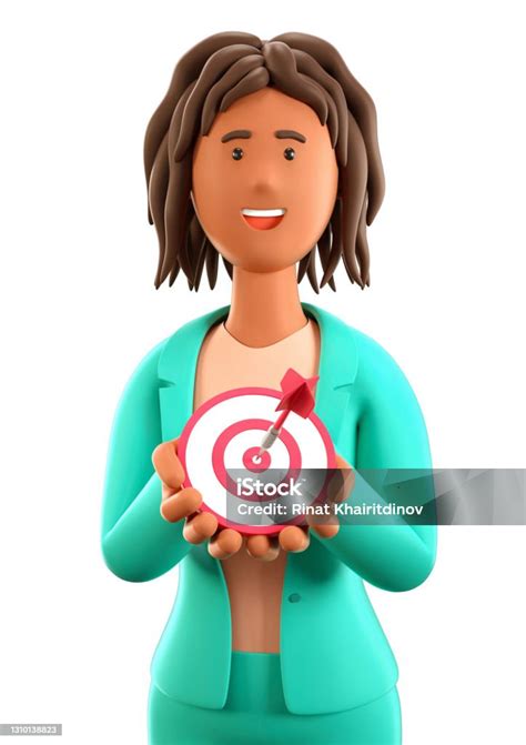 그녀의 손에 들고 아프리카 계 미국인 여성의 3d 그림은 중앙에 다트와 현대 대상 불스 아이화살표 목표에 도달 만화 쾌활한 사업가 객관적인 달성 3차원 형태에 대한 스톡
