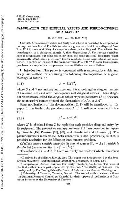 Pdf Calculating The Singular Values And Pseudo Inverse Of A Matrix · Explicitly At The