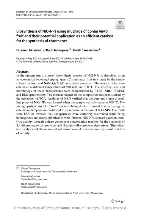 Biosynthesis Of Nio Nps Using Mucilage Of Cordia Myxa Fruit And Their Potential Application As