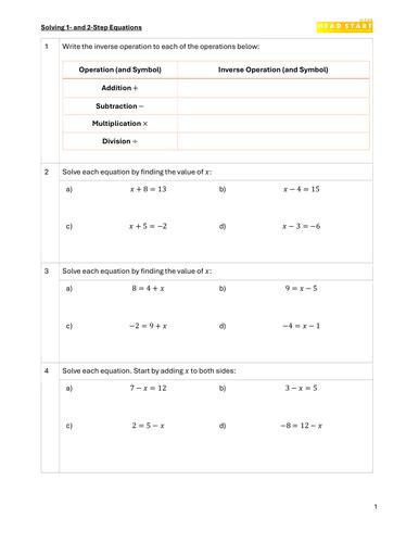 Head Start Gcse Solving 1 Step And 2 Step Equations Using Bar Models