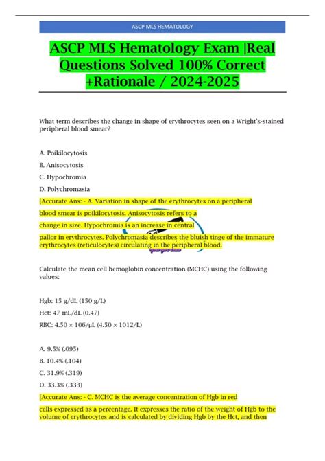 Ascp Mls Haematology Exam Real Questions Solved 100 Correct Rationale Ascp Mls Hematology