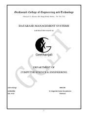 Dbms Lab Pdf Geethanjali College Of Engineering And Technology Cheeryal V Keesara M Ranga