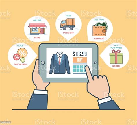 터치 스크린 온라인 상점 아이콘 벡터 일러스트 레이 션 주위 선형 평면 남성 손 전자 상거래 사업 판매와 소비 개념 기업 재무와 산업에 대한 스톡 벡터 아트 및 기타 이미지