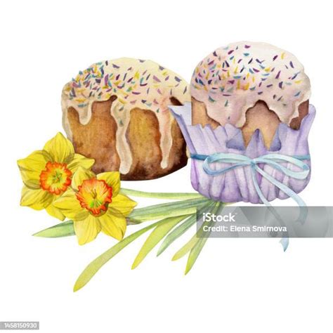 수채화 손으로 그린 부활절 축하 클립 아트 Kulich 빵 봄 수선화 꽃 잎의 구성 흰색 배경에 격리 초대장 선물 인사말 카드