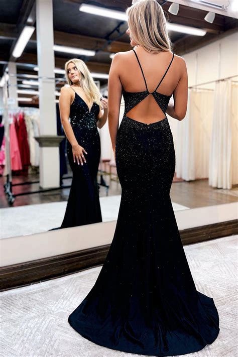 Queendancer Women Sparkly Long Black Prom Dress Mermaid Sequins
