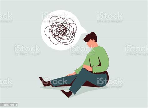 슬픈 남자는 얽힌 생각으로 바닥에 앉아있다 불행한 소년은 생각을 혼란스럽게 했습니다 우울한 남성 청소년 과도에 대한 스톡 벡터