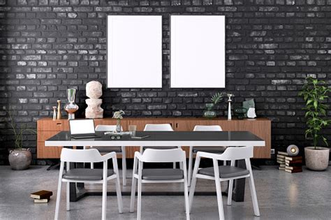 빈 흰색 포스터 프레임 과 검은 벽돌 벽이있는 사무실 공간 0명에 대한 스톡 사진 및 기타 이미지 0명 3차원 형태 가구 Istock