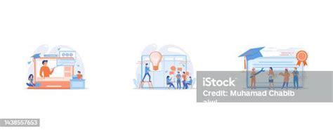 인터넷 교육 원격 웹 사이트 개발 학교 관리자 워크샵 감독자 과정 관리 기술 교육 개념 졸업 모자와 졸업 및 졸업장 평면 벡터