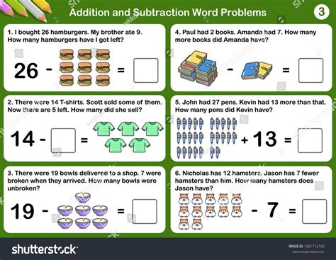 Addition Subtraction Word Problems Worksheet Education Stock Vector Royalty Free