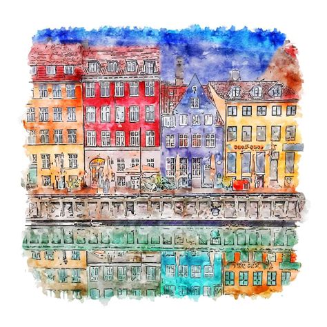 Nyhavn Kobenhavn Denmark Watercolor Sketch Hand Drawn Illustration