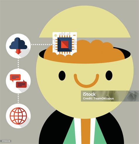 남자 머리와 마이크로칩 프로세서 기술 아이콘 터지는 그의 뇌 안에 이식 미소 가상현실에 대한 스톡 벡터 아트 및 기타 이미지