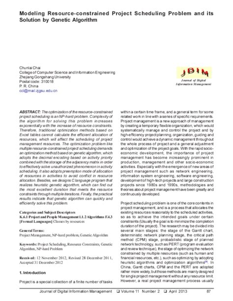 Pdf Modeling Resource Constrained Project Scheduling Problem And Its Solution By Genetic Algorithm