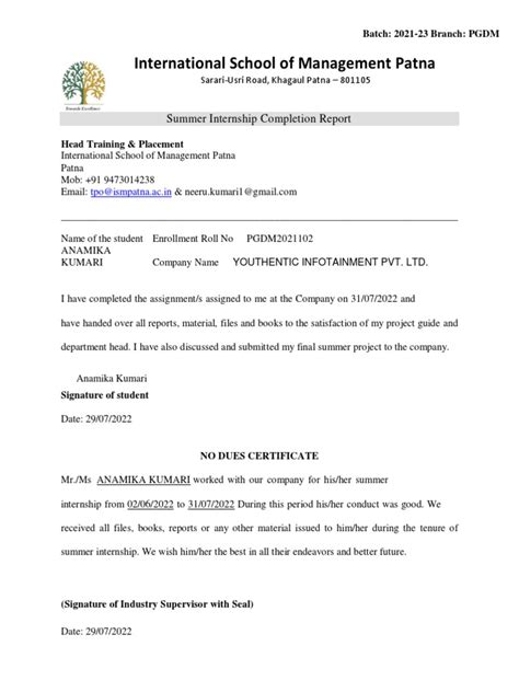 Sip Completion Report Format Anamika Kumari Pdf