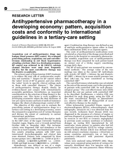Pdf Antihypertensive Pharmacotherapy In A Developing Economy Pattern