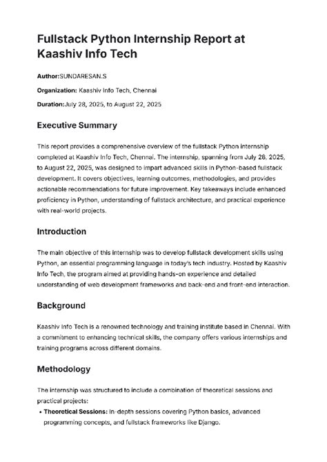 Fullstack Python Internship Report July Aug 2025 At Kaashiv Info Tech