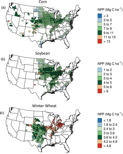 Spatial Distribution Of County Average Npp For A Corn B Soybean Download Scientific