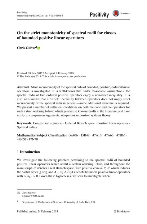 Pdf On The Strict Monotonicity Of Spectral Radii For Classes Of Bounded Positive Linear Operators