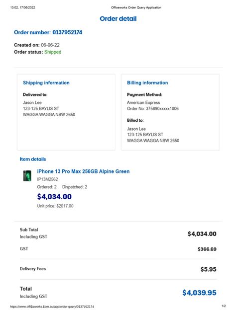 Officeworks Order Invoice 0137952174 Pdf