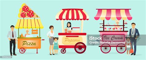 크리에이 티브 상세한 벡터 거리 피자 카트 팝콘 아이스크림이 게 판매 젊은 사람들이 음식 축제 이벤트에 길거리 음식이 나 정크