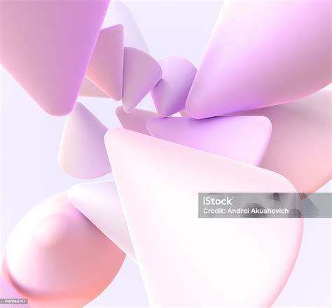 파스텔 색상의 기하학 원뿔이 있는 3d 배경입니다 그라데이션 텍스처가 동작하는 홀로그램 모양을 비행합니다 추상적인 구성 현대적인