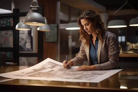 Generated Illustration Of Female Engineer Is Working On Blueprint Premium AI Generated Image